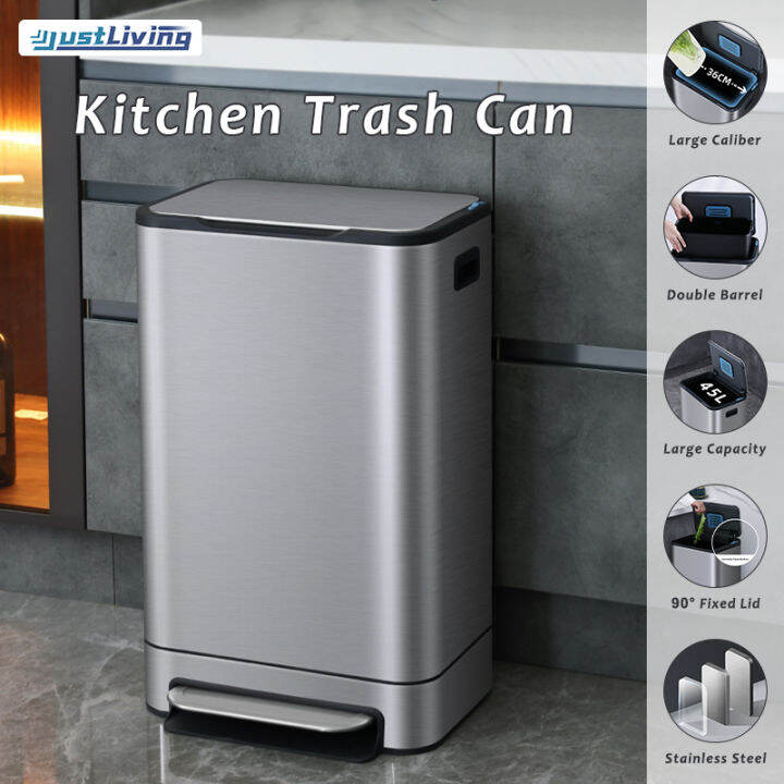 JustLiving 1PC Stainless Steel Pedal Step Rubbish Bin with Inner Bin 30L/45L Large Capacity ...