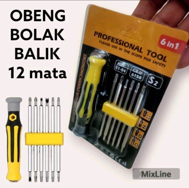 Obeng Bolak Balik Set 12 in 1 Mata Plus Minus Bintang Hex Universal ...
