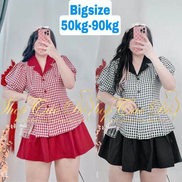 (SHOP TÁO ĐỎ BIGSIZE 50kg-90kg) Set áo peplum caro mix chân váy xếp li màu đỏ/ đen | Lazada.vn