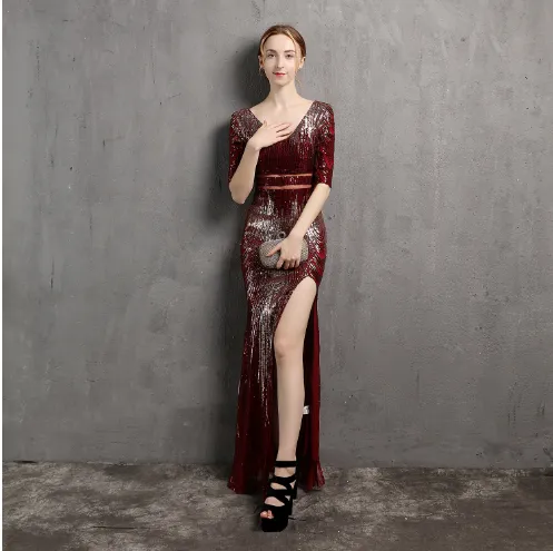 ชุดราตรีของผู้หญิงที่จัดเลี้ยงใหม่เลื่อม Fishtail พรหมพรรคชุดยาวชุดวัน ...