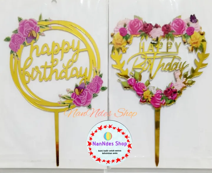 Topper Bunga Happy Birthday kembang Akrilik Gold emas Bulat Love Flower ...
