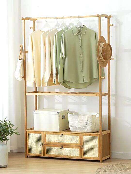 Wardrobe Rattan Simple Clothes Rack Solid Wood Multilayer Floor Clothes ...