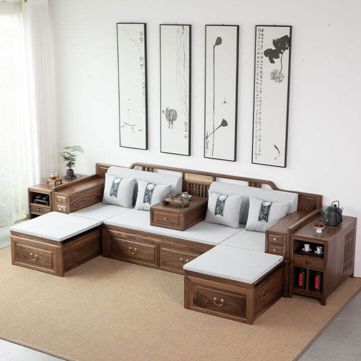 New Chinese Style Solid Wood Elm Bed Living Room Sofa Combination Black ...