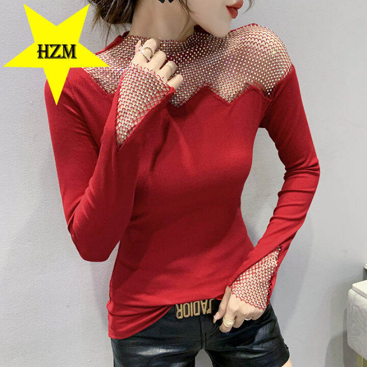 เสื้อยืดแขนยาวของผู้หญิง HZM 2023แฟชั่นอินเทรนด์กึ่งคอเต่ากลวงเล็บเพชรด้านหลังผ้าฝ้าย | Lazada.co.th