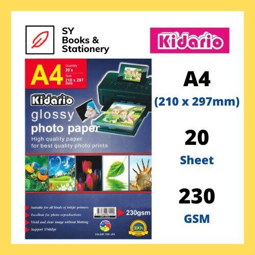 Kidario A4 Water Resistant Glossy Photo Paper 20 Sheets 230gsm / Kertas Photo | Lazada