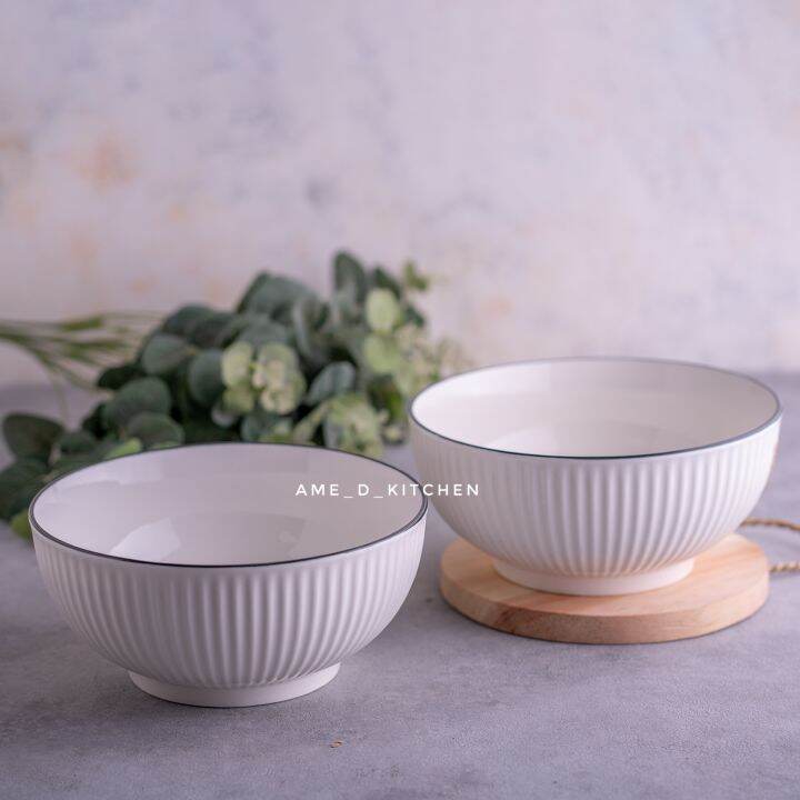 Mangkok bijian besar 8" keramik putih texture garis pelipit | Lazada ...