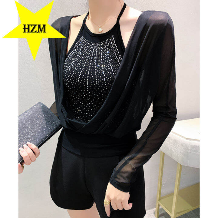 HZM เสื้อยืดสองชิ้นปลอมสายคล้องคอเพชรวิบวับความรู้สึกดีไซน์2023ฉบับภาษาเกาหลีฤดูใบไม้ร่วงเสื้อไฮ ...