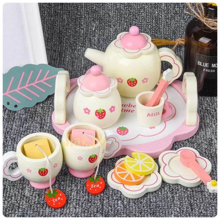 wooden tea set toy pretend with pretty box ONHAND | Lazada PH