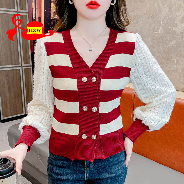 HZW 2023เสื้อกันหนาวถักลายทางคอวีสไตล์วินเทจสไตล์ฝรั่งเศสเสื้อคาร์ดิแกนกันหนาวเสื้อแขนยาวลายขวาง ...