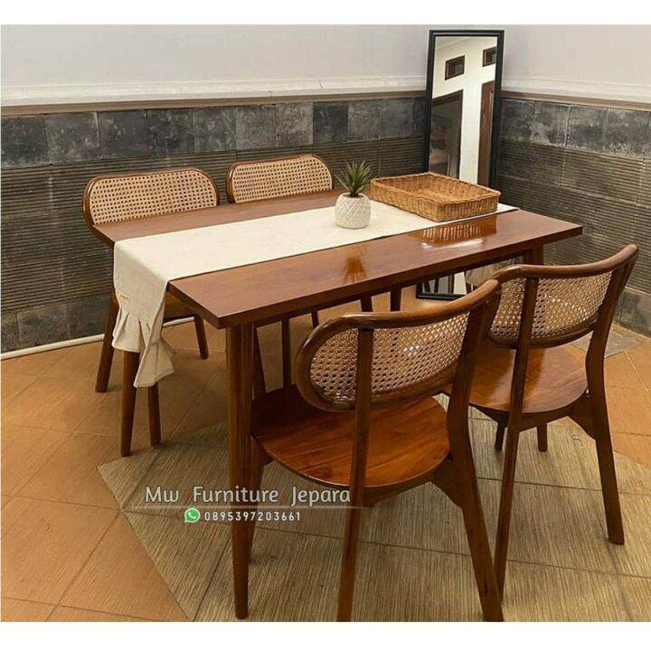 Meja makan / Kursi makan minimalis 4 kursi / Set Kursi Makan Rotan Retro Kayu Jati Jepara ...