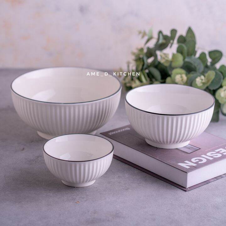 Mangkok set keramik putih 3 pcs sml texture garis pelipit | Lazada ...