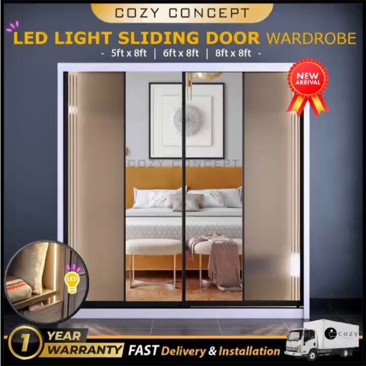 [FREE INSTALL] Almari Baju Full Glass Cermin with LED Light /Mirror ...