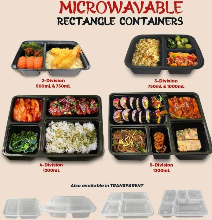 5 Sets Black Microwavable Rectangle Containers Takeaway Black Body Clear Top 2D 3D 4D 5D | Lazada PH