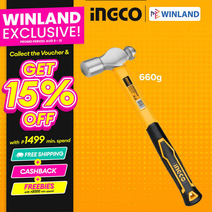 INGCO by Winland Ball Peen Hammer 660g / 24OZ Fiberglass Handle Hammer ...