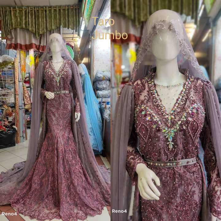 baju gaun pengatin warna ungu taro wedding dress slim span full payet ...