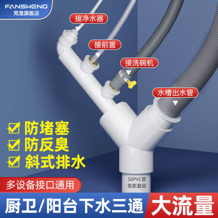 Kitchen Downcomer Y-Type Tee Joint Connector Sink Dishwasher Water ...