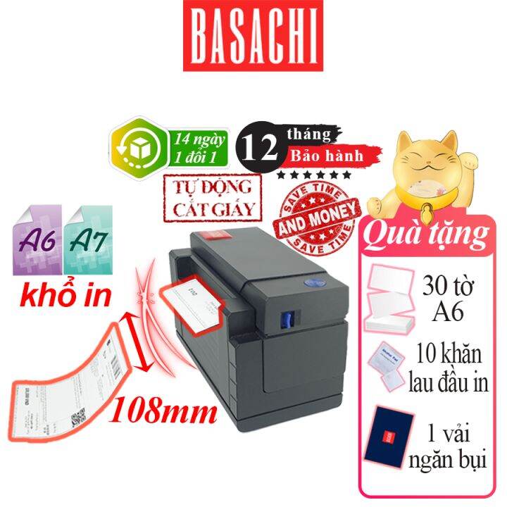 Máy in nhiệt BASACHI 241C cắt giấy tự động + 500 tờ A6 dùng in đơn hàng ...