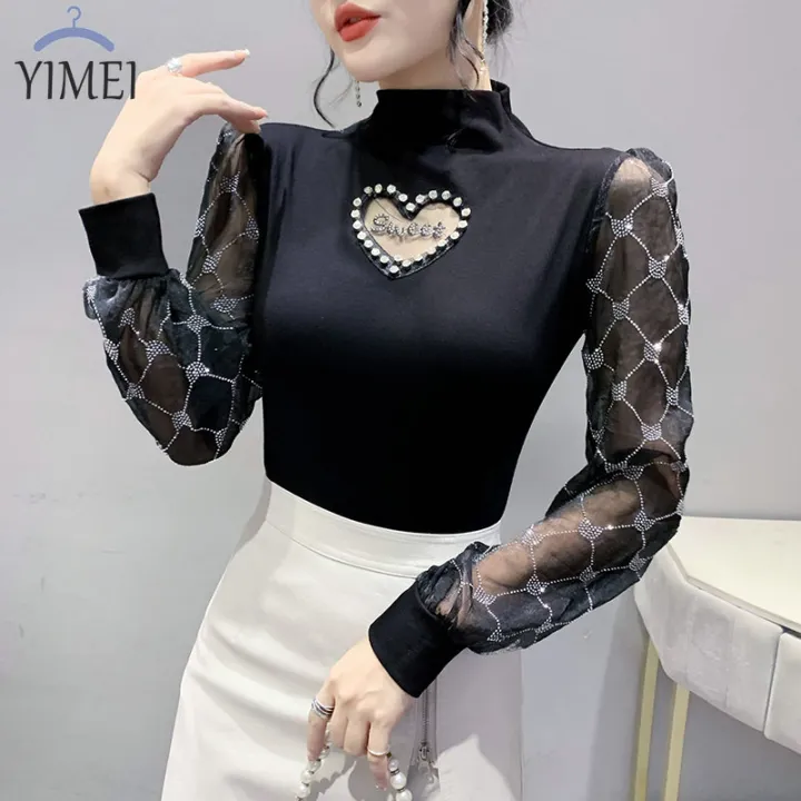 YIMEI Design Sense ดูผ่านตาข่ายแขนยาว2022ฤดูใบไม้ร่วงใหม่ผู้หญิงคอสูง ...