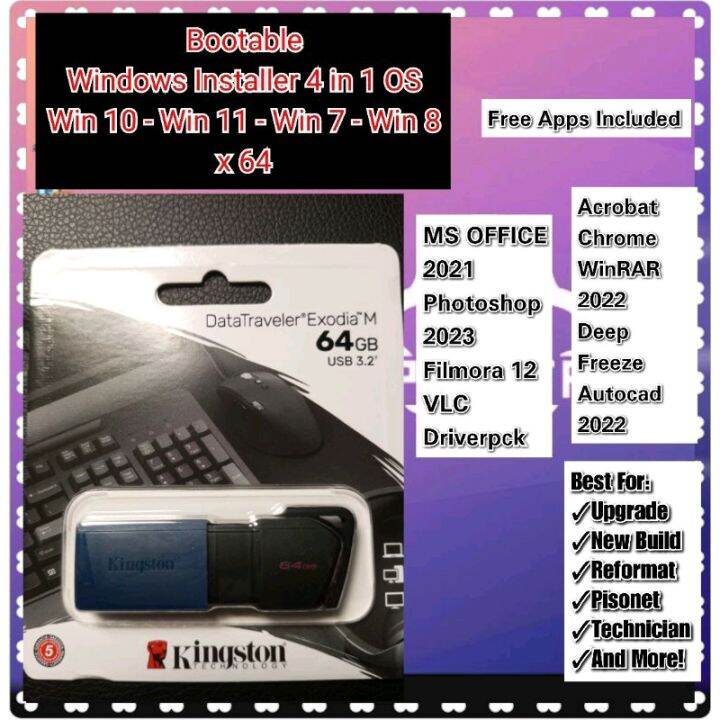 Technician Edition Bootable Usb Installer 64GB USB 4 in 1 Win10 Pro + Win11 Pro +Win 7 Win8.1 ...