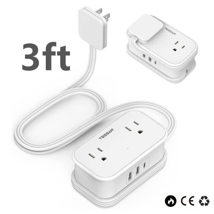 TESSAN Power Strip 3 FT Wrapped Flat Plug Extension Cord with 4 AC ...