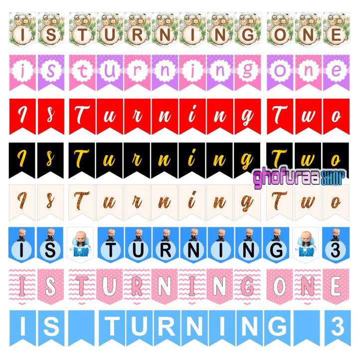 Bunfing flag tulisan Is Turning One Two 1 2 3 custom Banner SET motif ...
