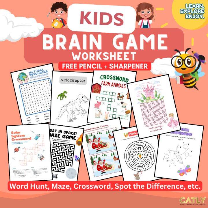 Kids Brain Games Activity Worksheet - Word hunt, Fun Maze, Puzzles, etc ...