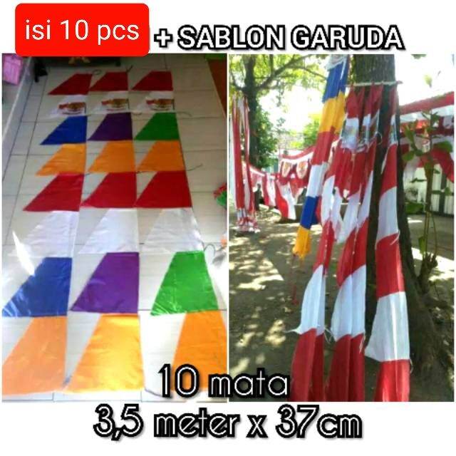 isi (10 pcs ) bendera umbul umbul segitiga 10 mata 3,5 - 4 meter merah putih dan warna warni ...
