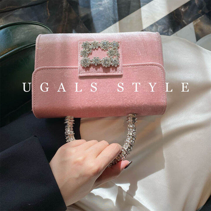 Ugals กระเป๋าทรงสี่เหลี่ยมใบเล็กเพชรกำมะหยี่สไตล์ฝรั่งเศสแนววินเทจแบบ ...