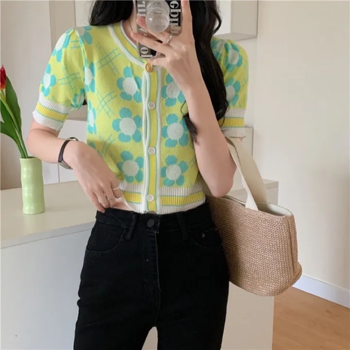 XJXJ.SHOP🤎เสื้อไหมพรมลายดอกเขียวเหยี่ยวทรัพย์ 03011 | Lazada.co.th