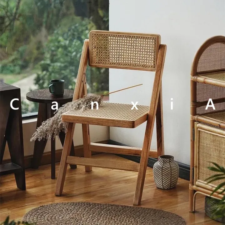 Rattan Folding Chair Japanese Style Solid Wood Dining Chair Ins Home ...