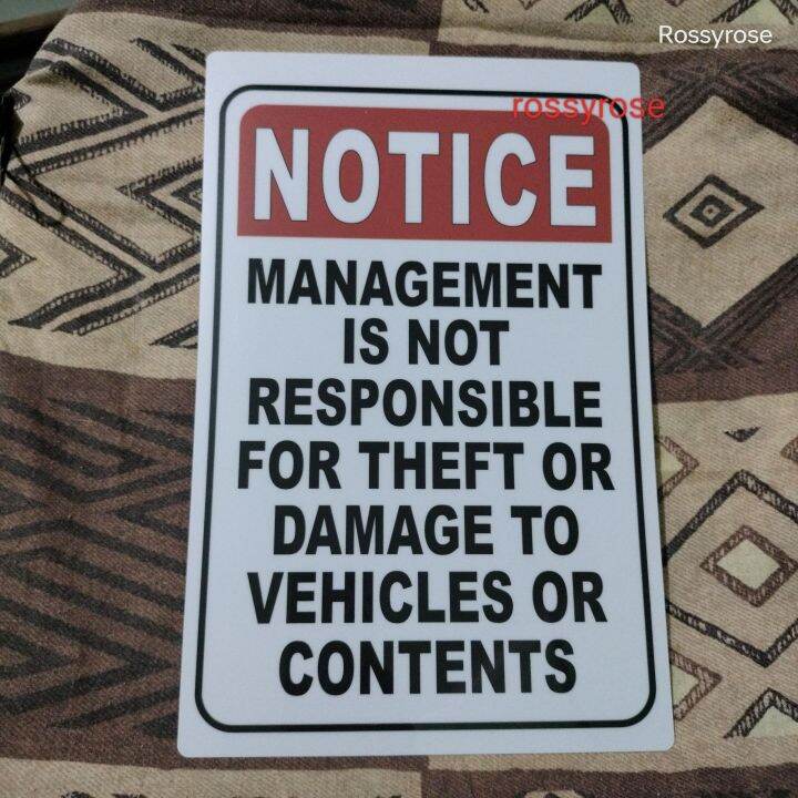 Management is not Responsible for Theft or Damage to Vehicles or ...