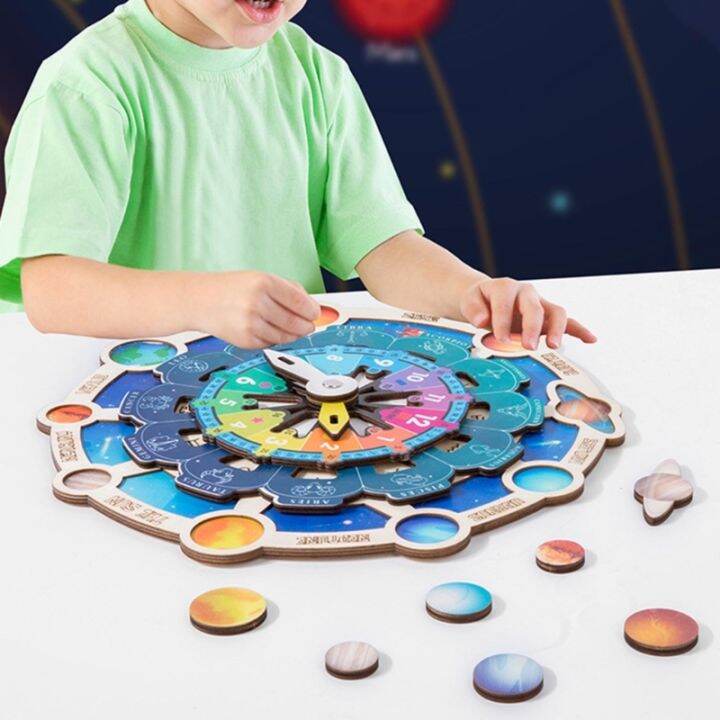 Wood Learning Clock Toy Teaching Time Number Planet Constellations ...