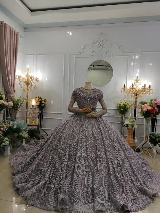 baju gaun pengantin wedding dress warna ungu taro model akar payet ...