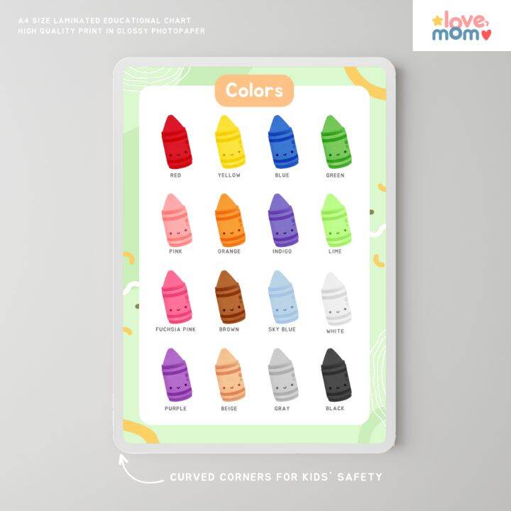 Laminated 16 Colors Educational Chart for kids & toddlers A4 size 250 ...