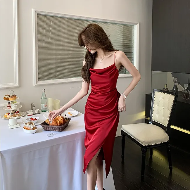 Impression แฟชั่นผู้หญิงเกาหลีซาตินธรรมดาสแควร์คอแขนกุด Bodycon สูงเอว ...