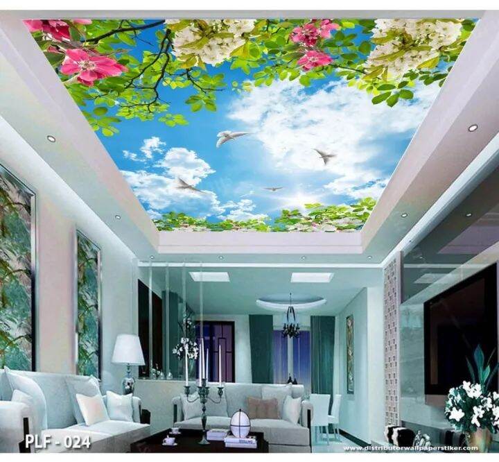 Cetak wallpaper 3D plafon custom motif awan atap plapon, wallpaper ...