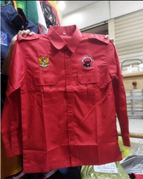 kemeja partai PDI lengan panjang/kemeja seragam bahan drill | Lazada ...