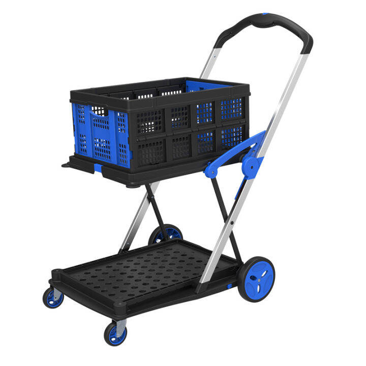 2-Layer Folding Shopping Cart with Wheels Collapsible Cart with ...