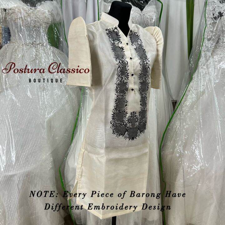 Ladies Barong Mc Dress w/ Black Embroidery Design Modern Filipiniana ...