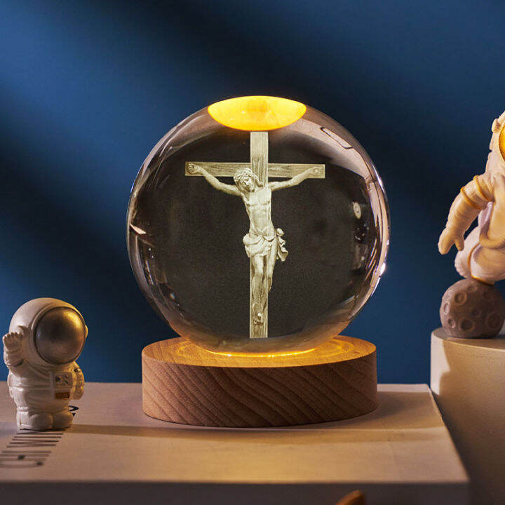 3D lamp crystal ball night lamp USB table light with wooden base ...