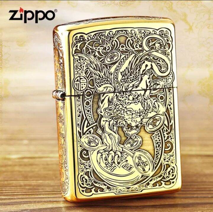 (Free Box) Korek Api Zippo 4Slide Gold Full Grafir Dragon Original Made ...
