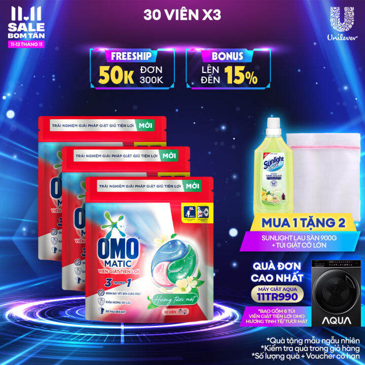 Combo 3 túi viên giặt tiện lợi OMO 3 trong 1 Hương tươi mát (30 viên/túi) | Lazada.vn