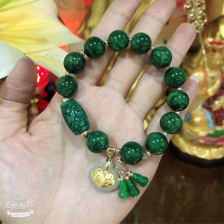 Jade Bead and Longevity Lock Gourd Lucky Bracelet in 10k Yellow Gold ...