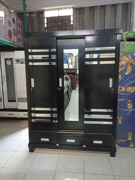 Lemari Pakaian 3 Pintu Sliding dengan 3 Laci, List Kaca - Hitam | Lazada Indonesia
