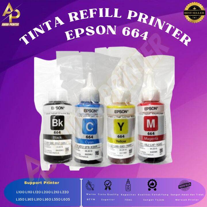 1 Set 4 Warna Tinta Epson 664 Losepack Original For Printer L100 L110 L120 L200 L210 L220 L360 ...