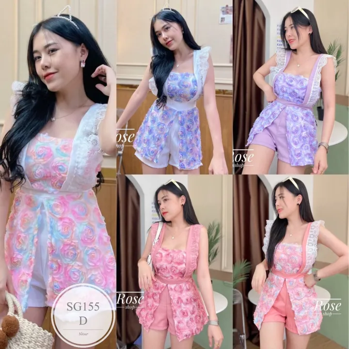SS155 Set 2 ชิ้น เสื้อกุหลาบผ่าหน้า เสื้อกุหลายแต่งระบายลูกไม้ มาพร้อม ...
