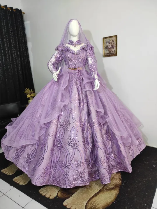 baju pakaian gaun pengantin wedding dress gown mekar payet warna ungu lilak pernikahan nikah ...