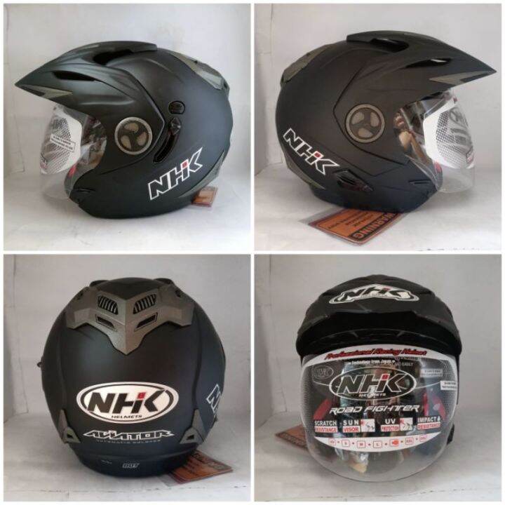 HELM NHK AVIATOR SOLID HITAM DOFF KACA DOUBLE VISOR HELM ORIGINAL ...