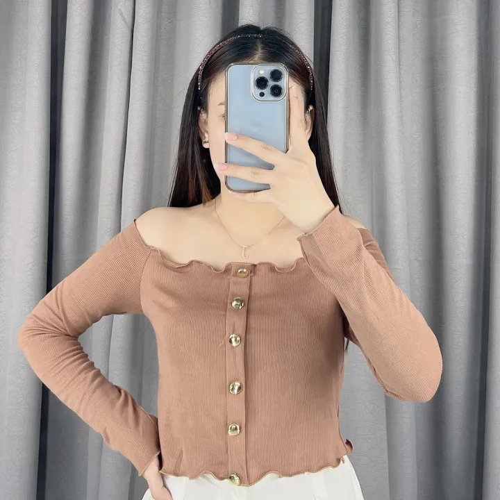 off shoulder button gold | Atasan sabrina | Lazada Indonesia