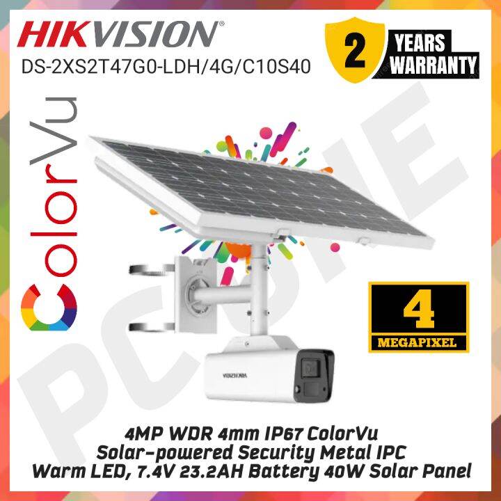 HIKVISION H.265+ 4MP WDR 4mm IP67 ColorVu Solar-powered Security Metal IPC Warm LED, 7.4V 23.2AH ...
